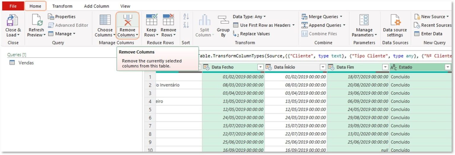 Como eliminar linhas e colunas de forma rápida usando o Power Query